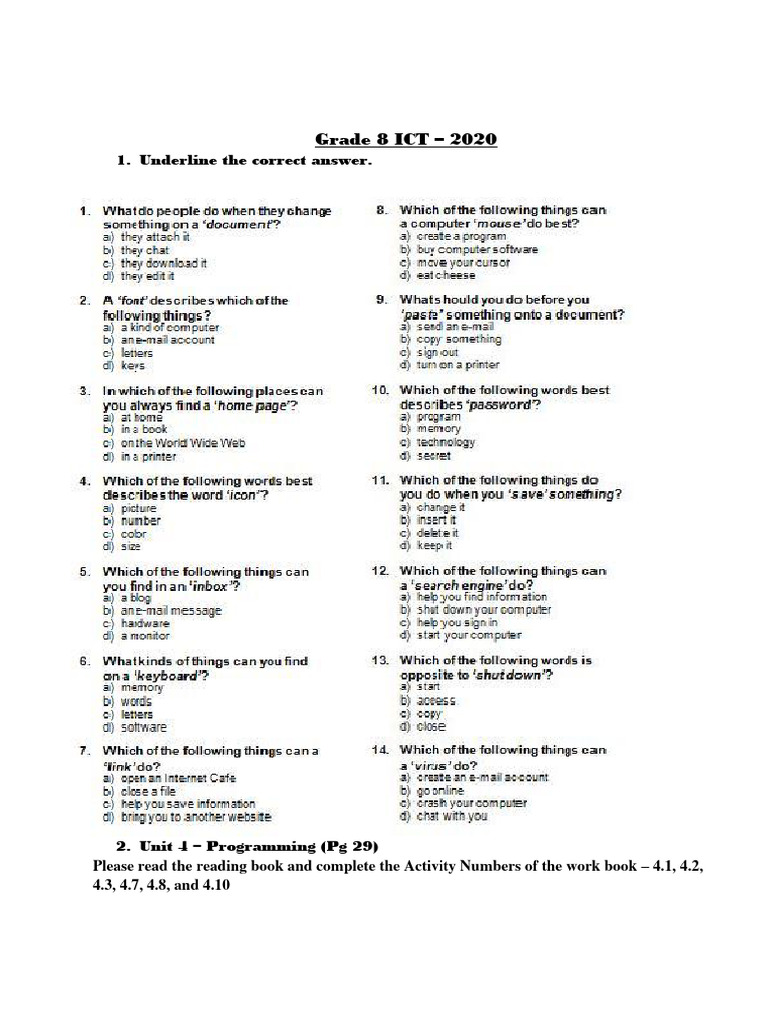 Grade 8 ICT Workbook Activities | PDF | Computers