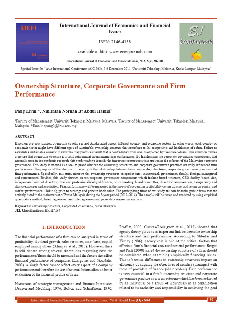 Ownership Structure, Corporate Governance and Firm Performance (#352663) - 363593 | PDF ...