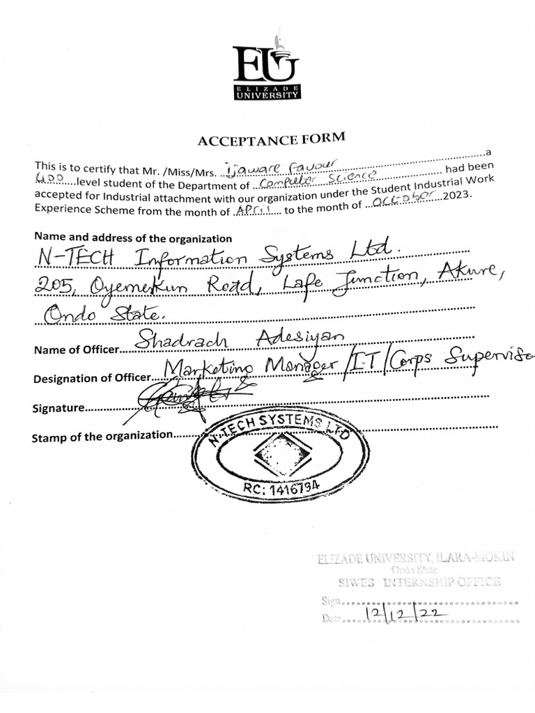 Favour ijaware acceptance letter | PDF