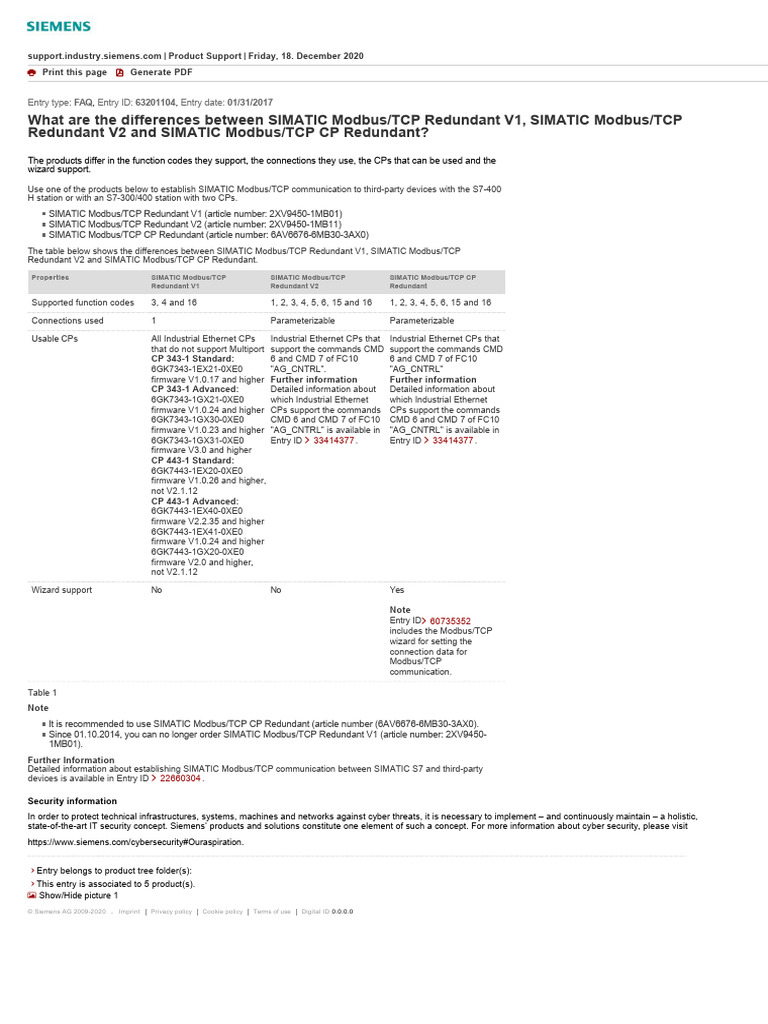 En Differences Between Simatic Modbustcp Redundant Versions Pdf Computer Hardware Computing