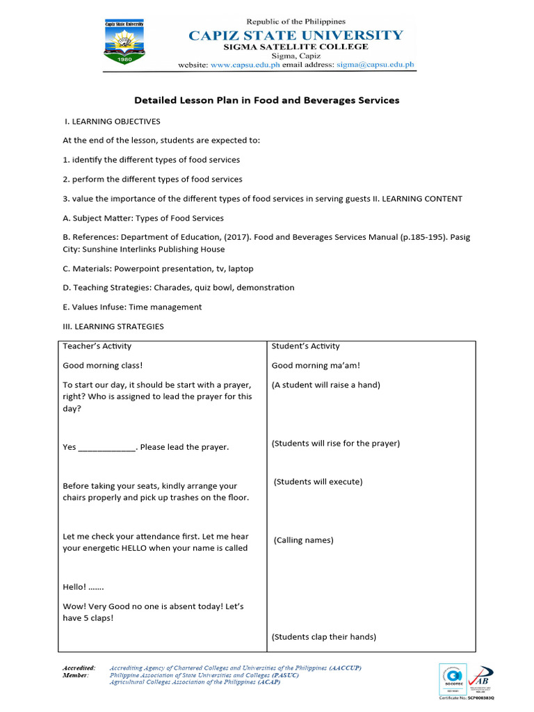 Detailed Lesson Plan in Food and Beverages Services Jenny | PDF ...
