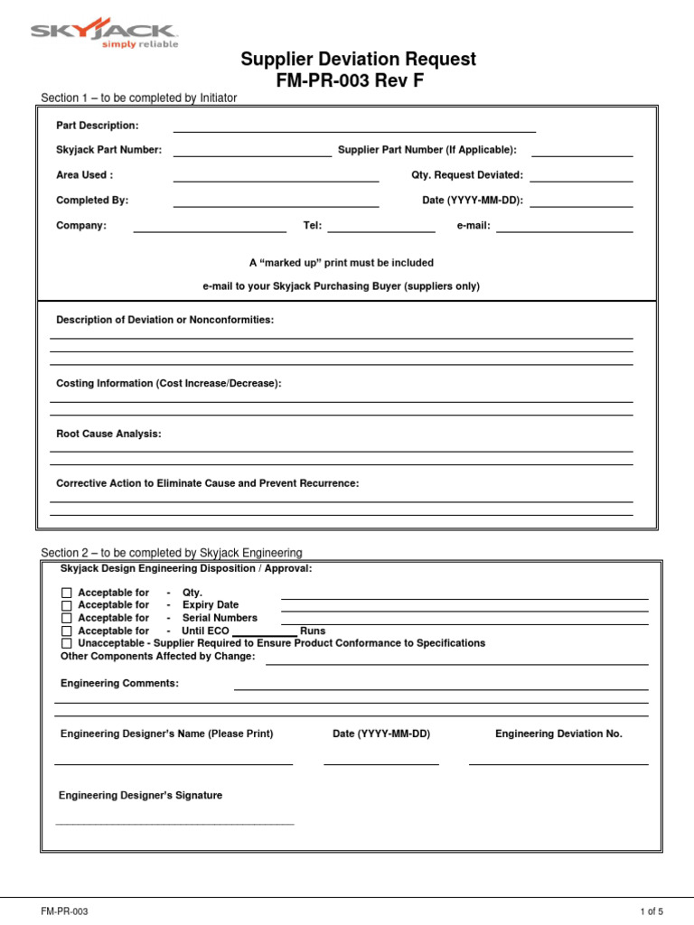 Supplier Deviation Request FM-PR-003 Rev F: Section 1 - To Be Completed ...