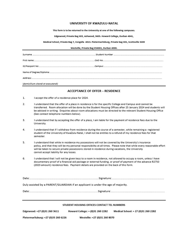 UKZN 2024 Residence Acceptance Form | PDF | Banks | Transaction Account