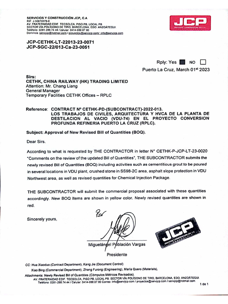 JCP-CETHK-22013-LT-23-0071. Approval of New Revised Bill of Quantities | PDF | Hormigón | Diseño ...
