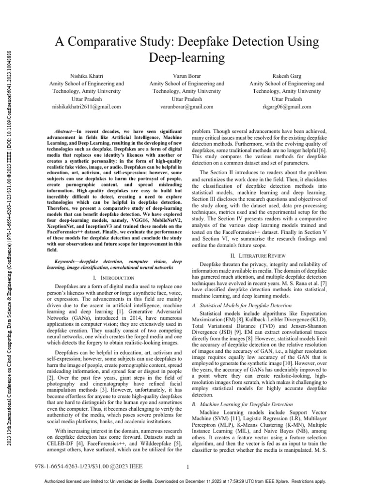A Comparative Study Deepfake Detection Using Deep-Learning | PDF | Deep Learning | Machine Learning