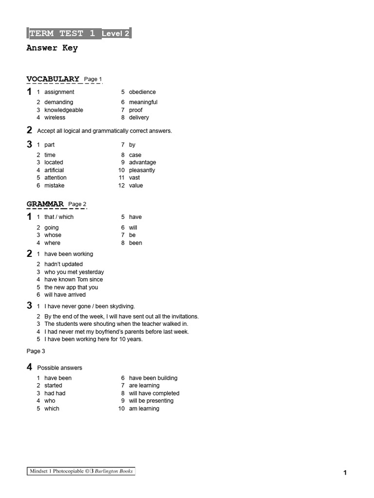 05mindset1 Term1 Test AnswerKey | PDF | Linguistics | Cognitive Science