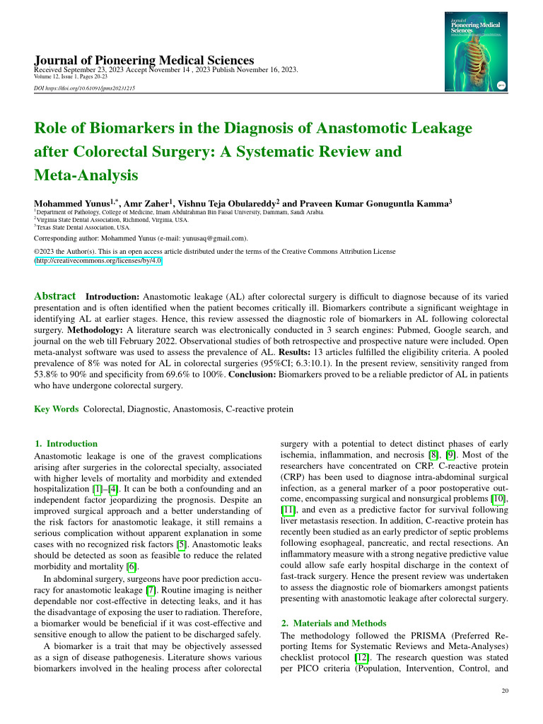 Role Of Biomarkers In The Diagnosis Of Anastomotic Leakage After Colorectal Surgery Jpms