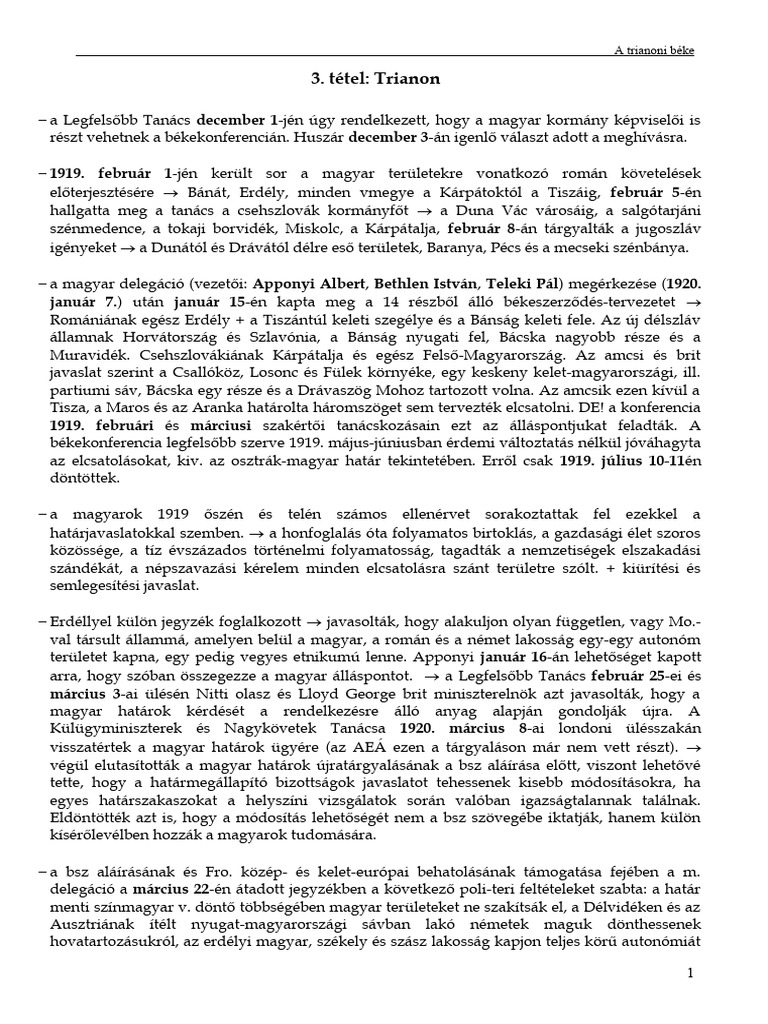 A Trianoni Békeszerződés Létrejötte És Rendelkezései 19191921 | PDF