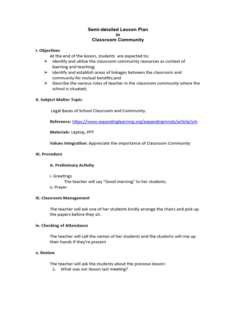 Lesson Plan in Classroom Community | PDF | Teachers | Classroom