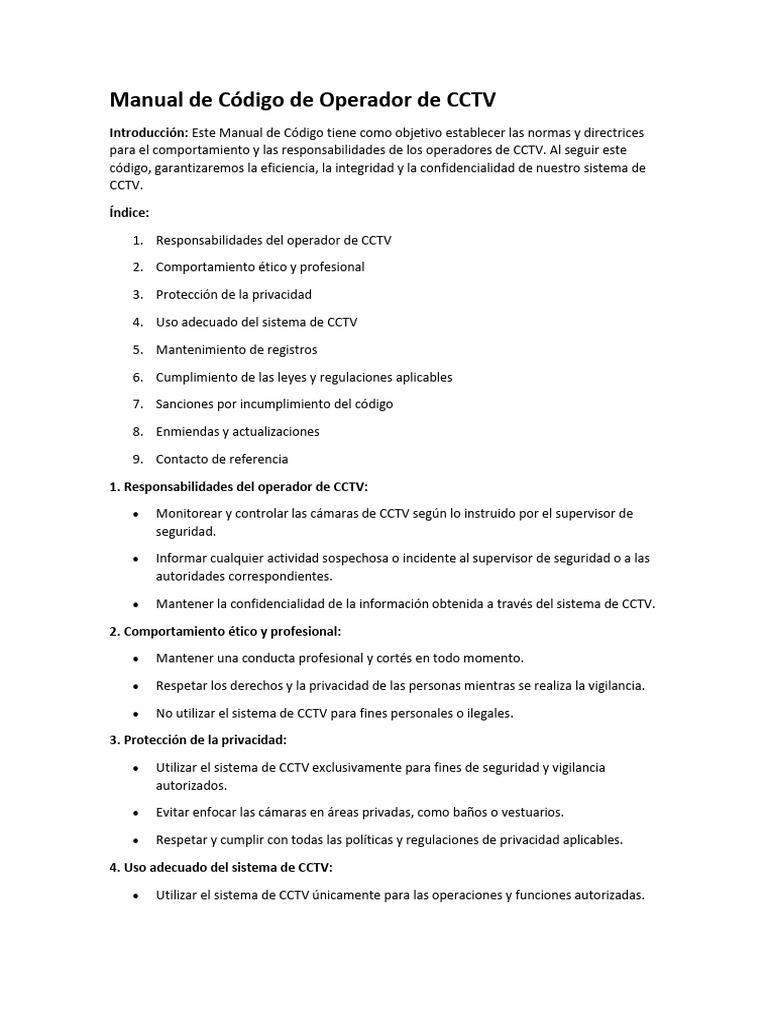 Manual de Código de Operador de CCTV | PDF | Privacidad | Circuito ...