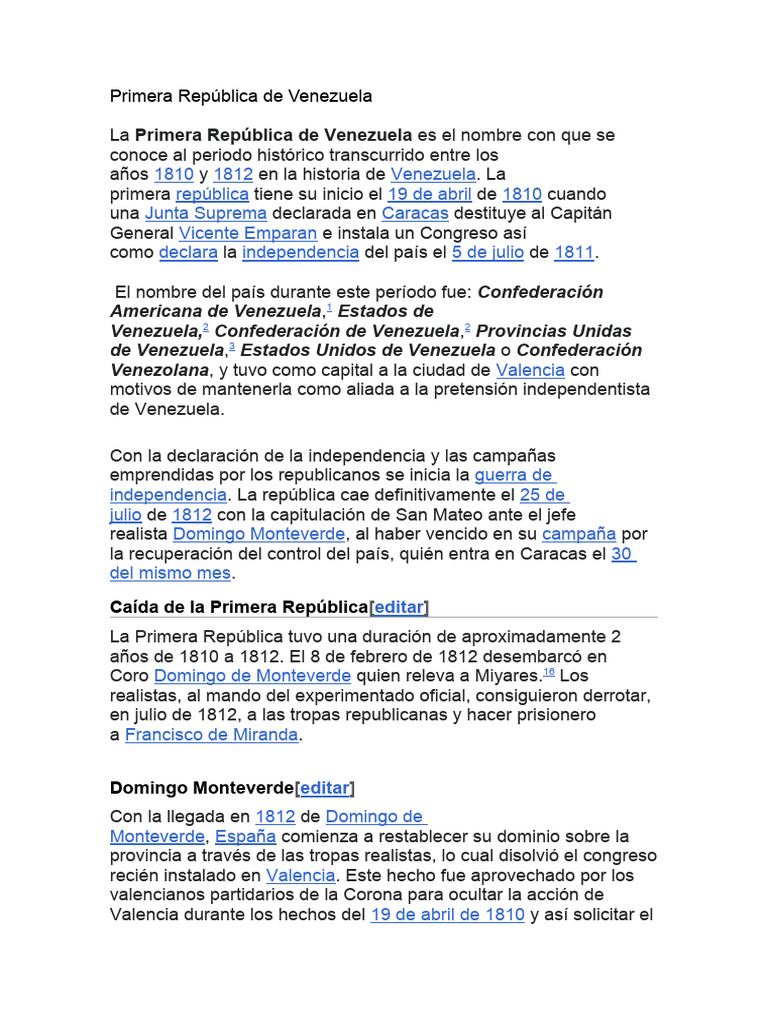 Primera República de Venezuela | PDF | Conflictos del segundo milenio ...