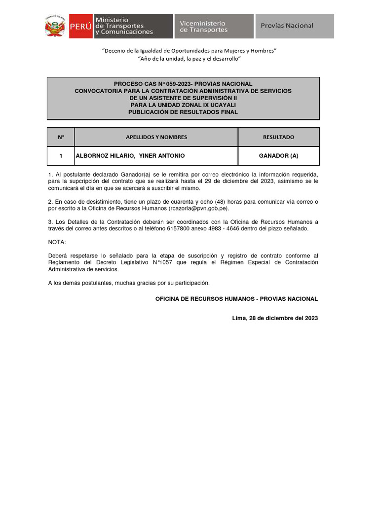 Resultado Final Cas N°059-2023 | PDF