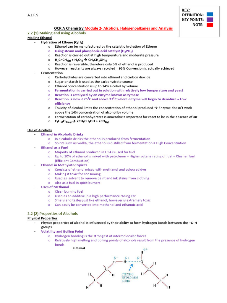 OCR A Chemistry Module 2 Unit 2 Revision Notes | PDF | Ethanol | Catalysis