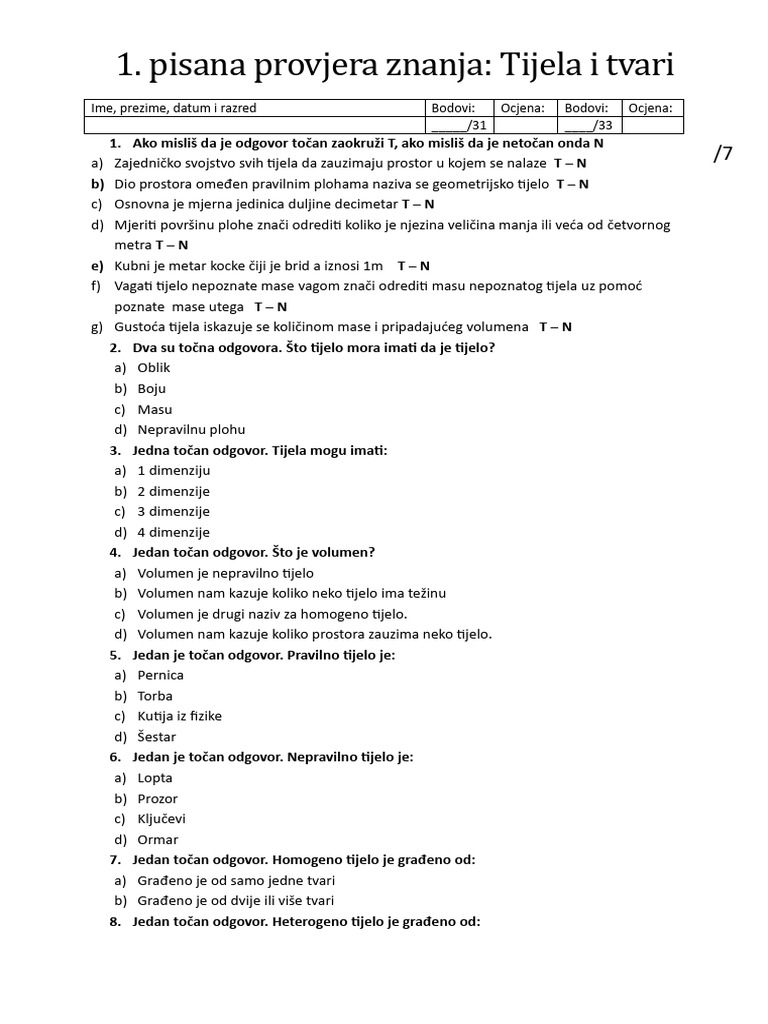 1 Pisana Provjera Znanja Tijela I Tvari - Fizika | PDF