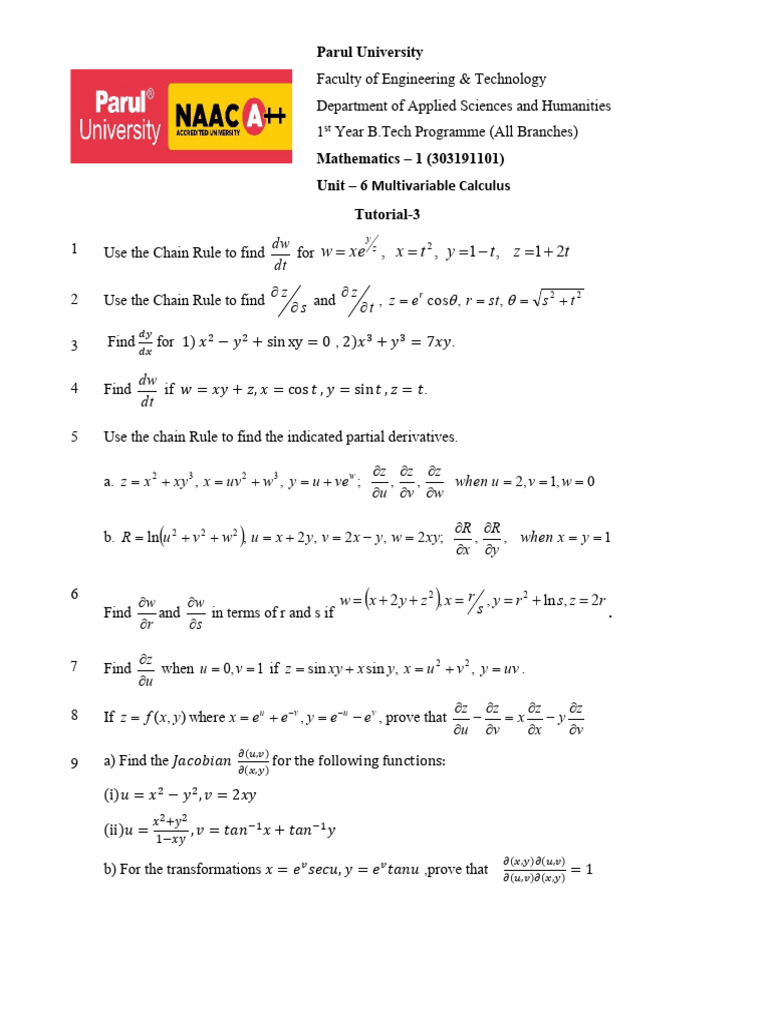 Tutorial 3 (Mathematics-1) (Multivariable Caculus) | PDF | Differential ...