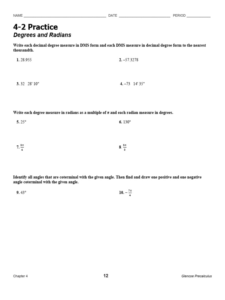 Degrees and Radians Practice Worksheet | PDF