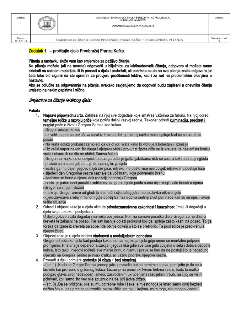 LEKTIRA-Preobrazaj - Smjernice I Problemska Pitanja | PDF