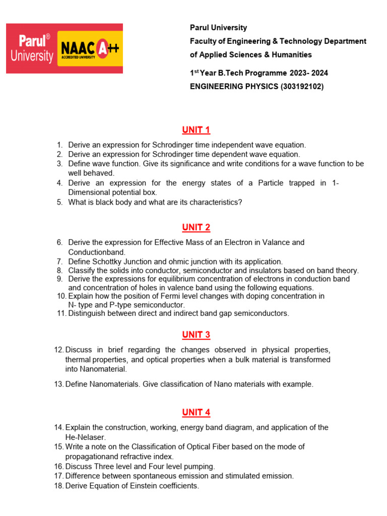 Important Questions 303192102 Engineering Physics | PDF | Semiconductors | Electrical ...