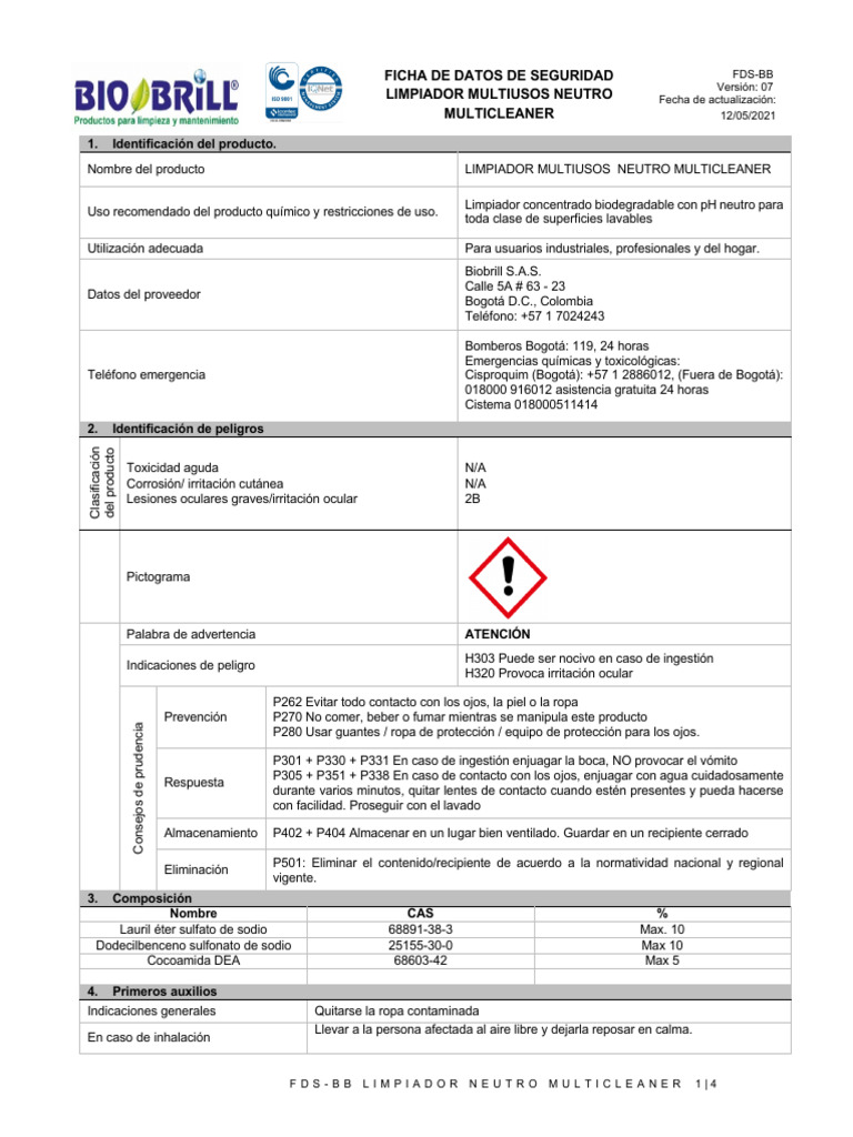 2 FDS-BB Limpiador Neutro Multicleaner | PDF | Agua | Toxicidad