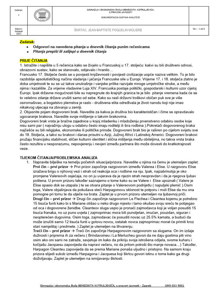 Smjernice Za Dnevnik Citanja Djela Skrtac Moliere | PDF