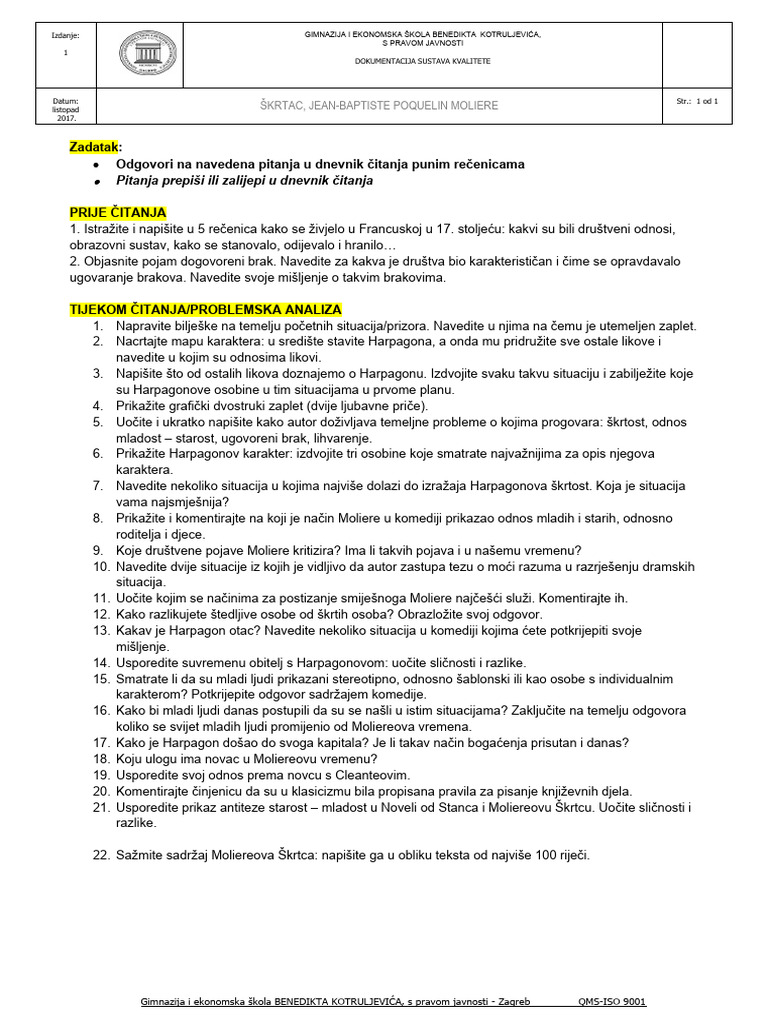 Smjernice Za Dnevnik Citanja Djela Skrtac Moliere | PDF