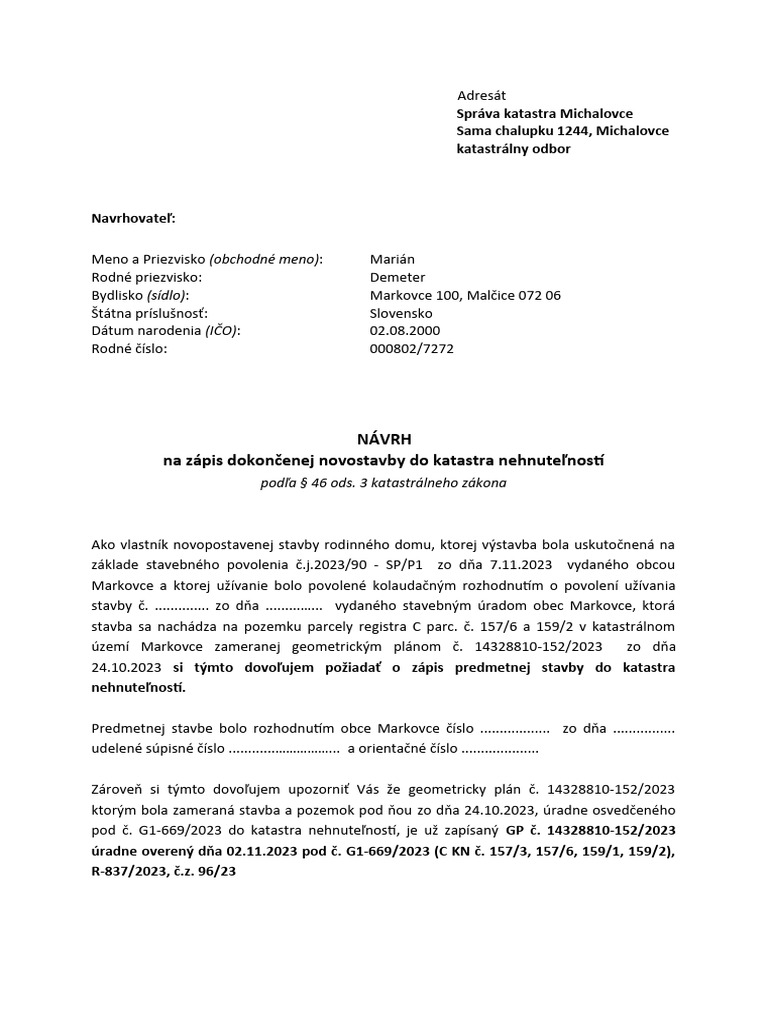 Navrh Na Zapis Dokoncenej Novostavby Vzor | PDF