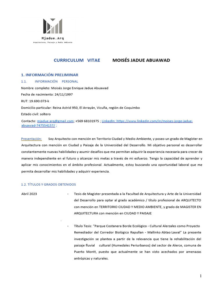 CV Profesional Moisés Jadue - Junio 2023 | PDF | Diseño | Maestros