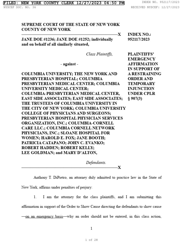 2023 Jane Doe 1236 Et Al V Columbia University Et Al Affidavit or ...