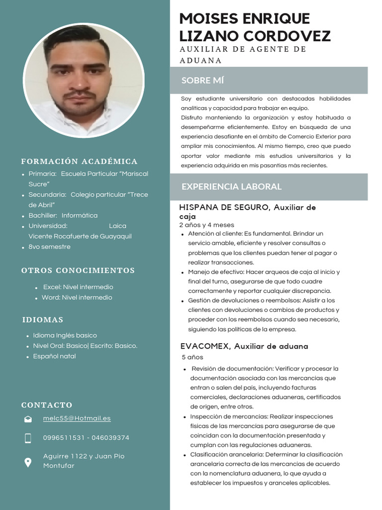 Curriculum Vitae - Moises Lizano | Descargar gratis PDF | Arancel | aduana