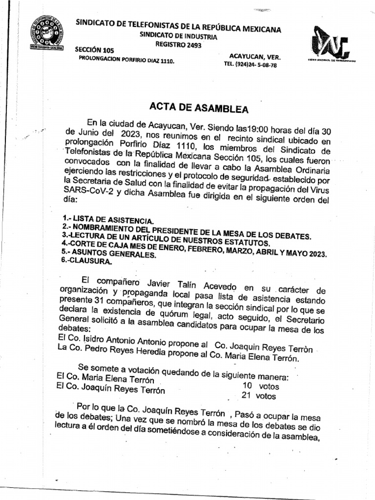 Acta de Asamblea para Cargar Mayo 2023 | PDF