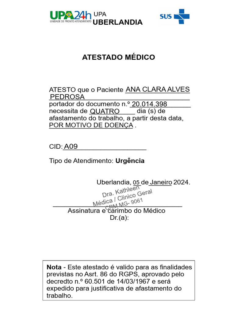 Atestado Médico para Afastamento em UPA | PDF