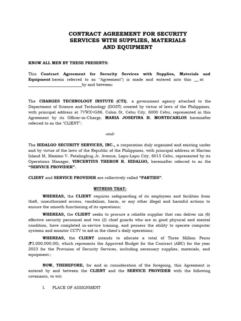 Contract Agreement For Security Services With Supplies | PDF | Security ...