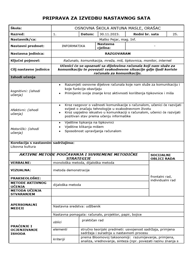 Priprema Za Nastavni Sat - Matko Pejar - 1. Razred Razgovaram | PDF