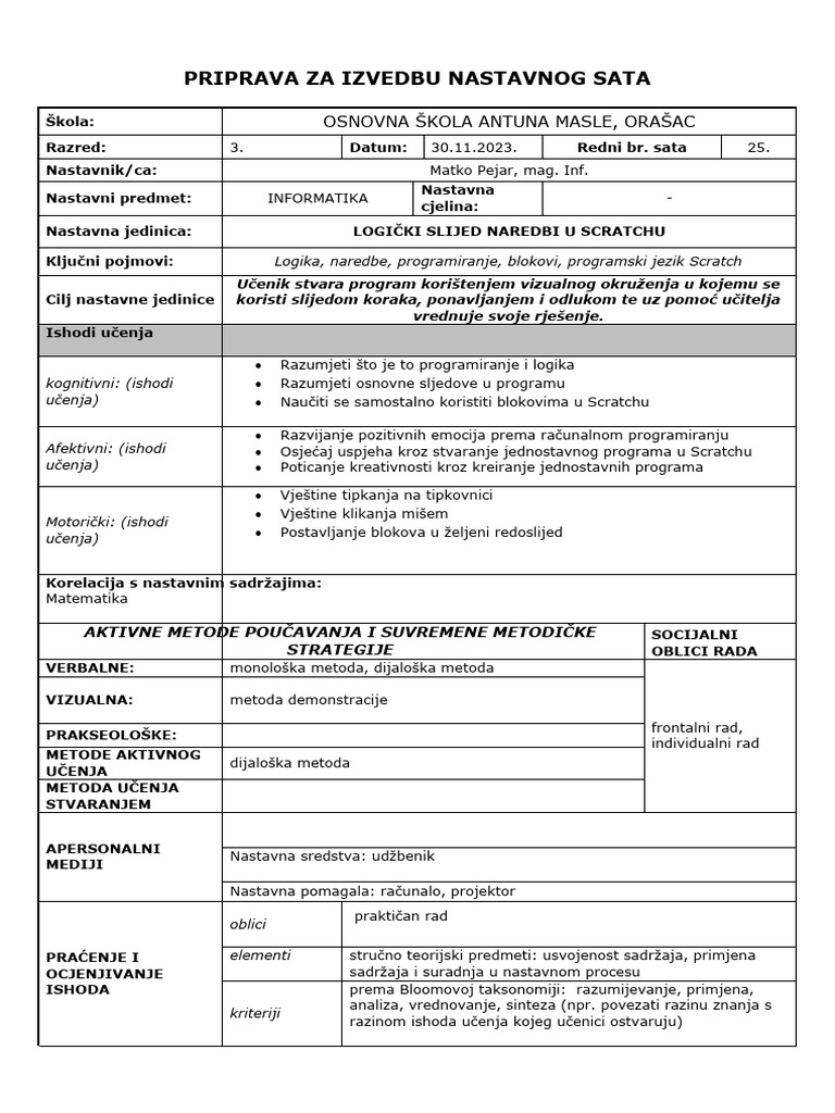 Priprema Za Nastavni Sat - Matko Pejar - 3. Razred Logički Slijed ...