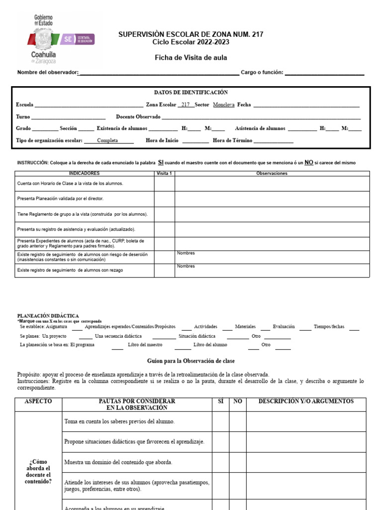 Ficha de Visita Áulica y Observación de Clase | PDF | Evaluación ...