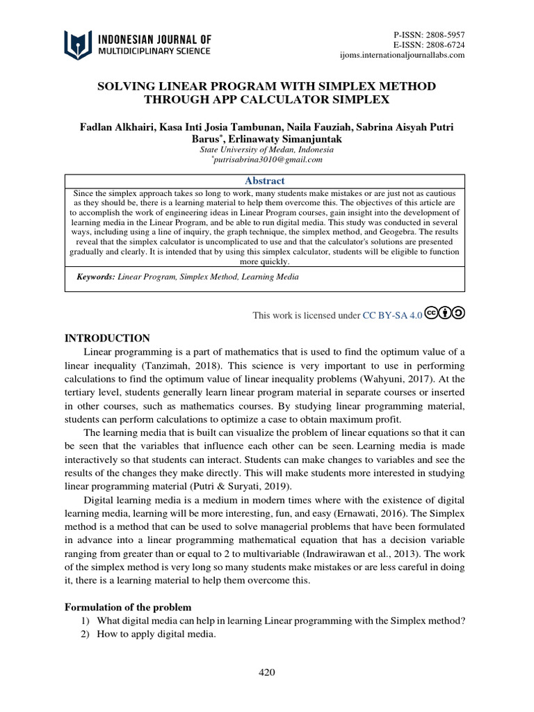 Solving Linear Program With Simplex Method Through App Calculator Simplex | PDF | Mathematical ...