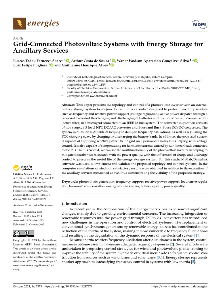 Grid-Connected Photovoltaic Systems With Energy Storage For Ancillary ...