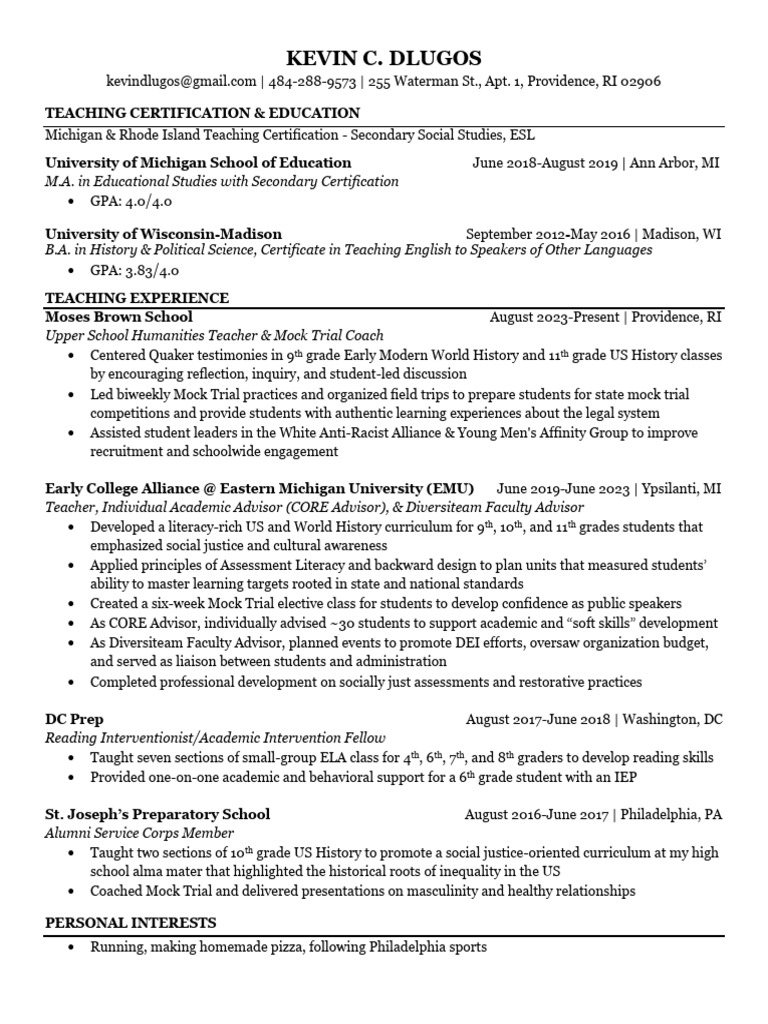 Dlugos Resume 12.28.23 | PDF | Curriculum | English As A Second Or Foreign Language