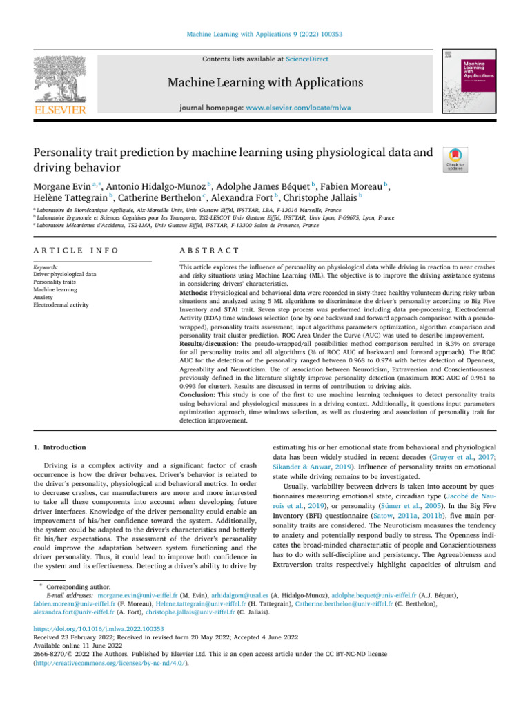 Evin PersonalityTrait2022 | PDF | Receiver Operating Characteristic | Machine Learning