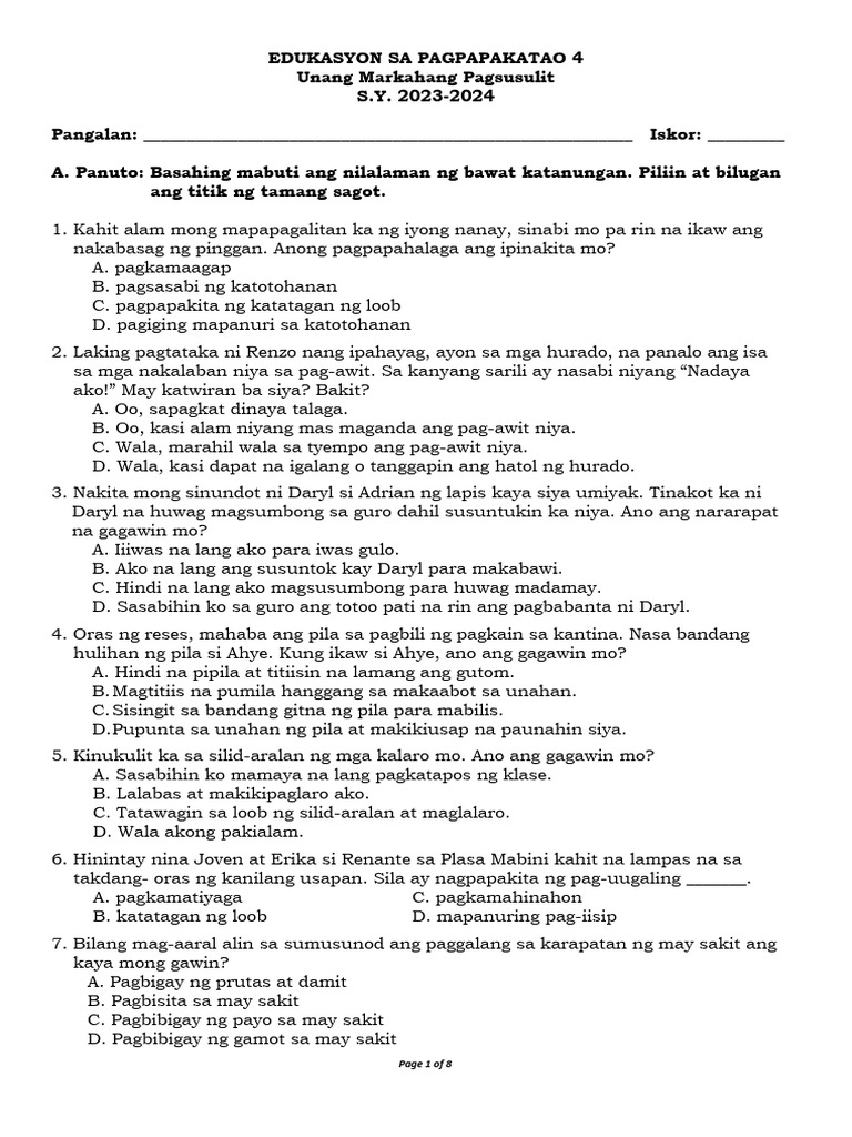 Q1 Periodical Exam ESP4 | PDF