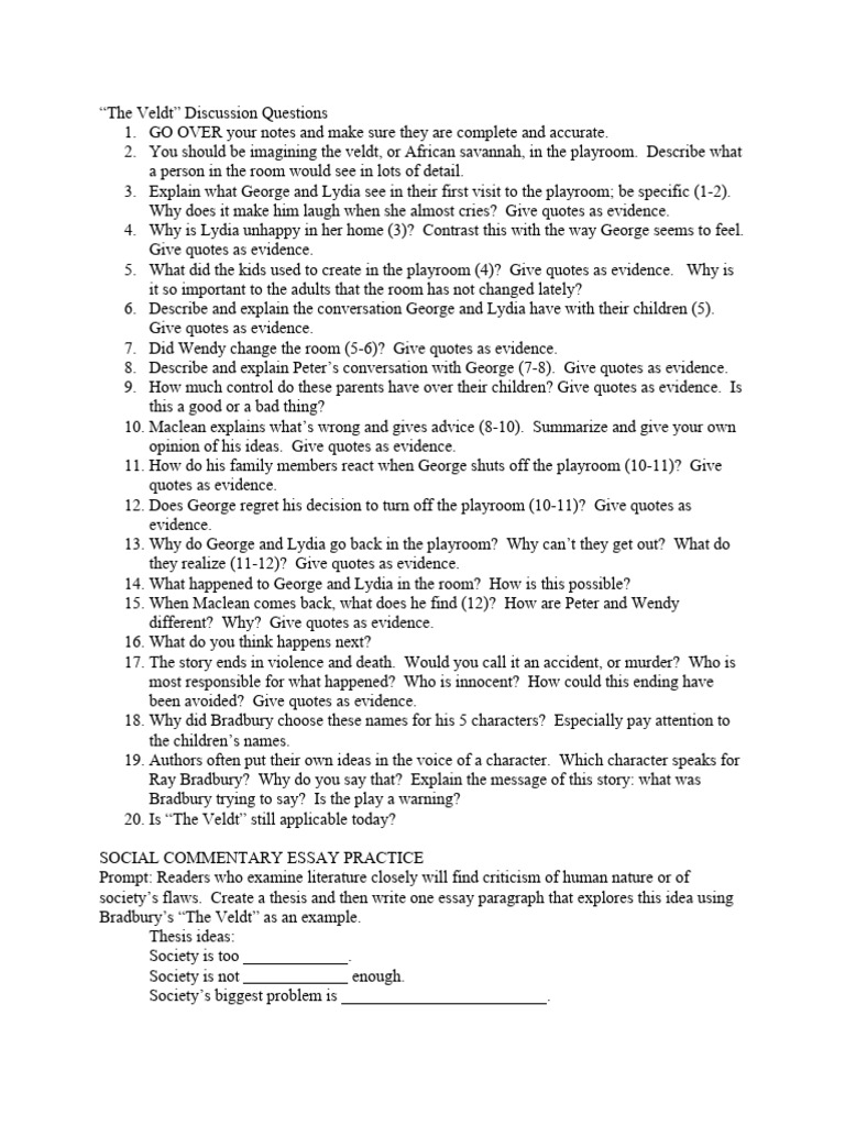 The Veldt Discussion Questions | PDF | Essays