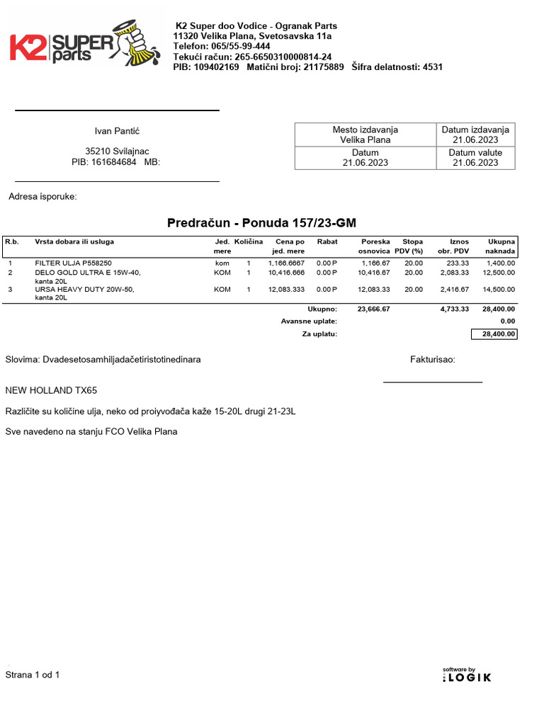 NEW HOLLAND TX65 Predračun | PDF