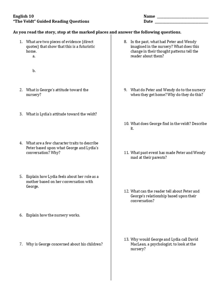 The Veldt Guided Reading Questions | PDF