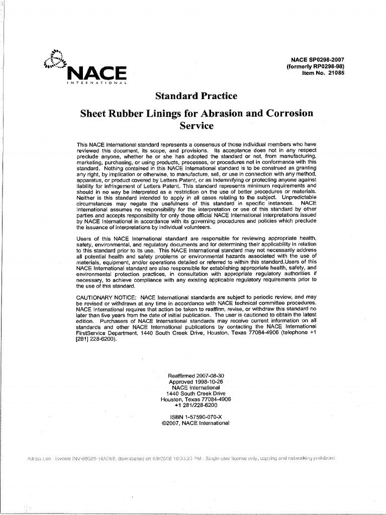 NACE SP0298-2007 Sheet Rubber Linings For Abrasion and Corrosion ...