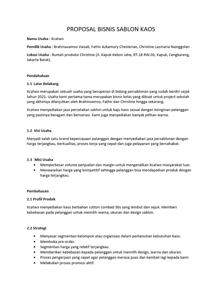 Proposal Bisnis Sablon Kaos | PDF