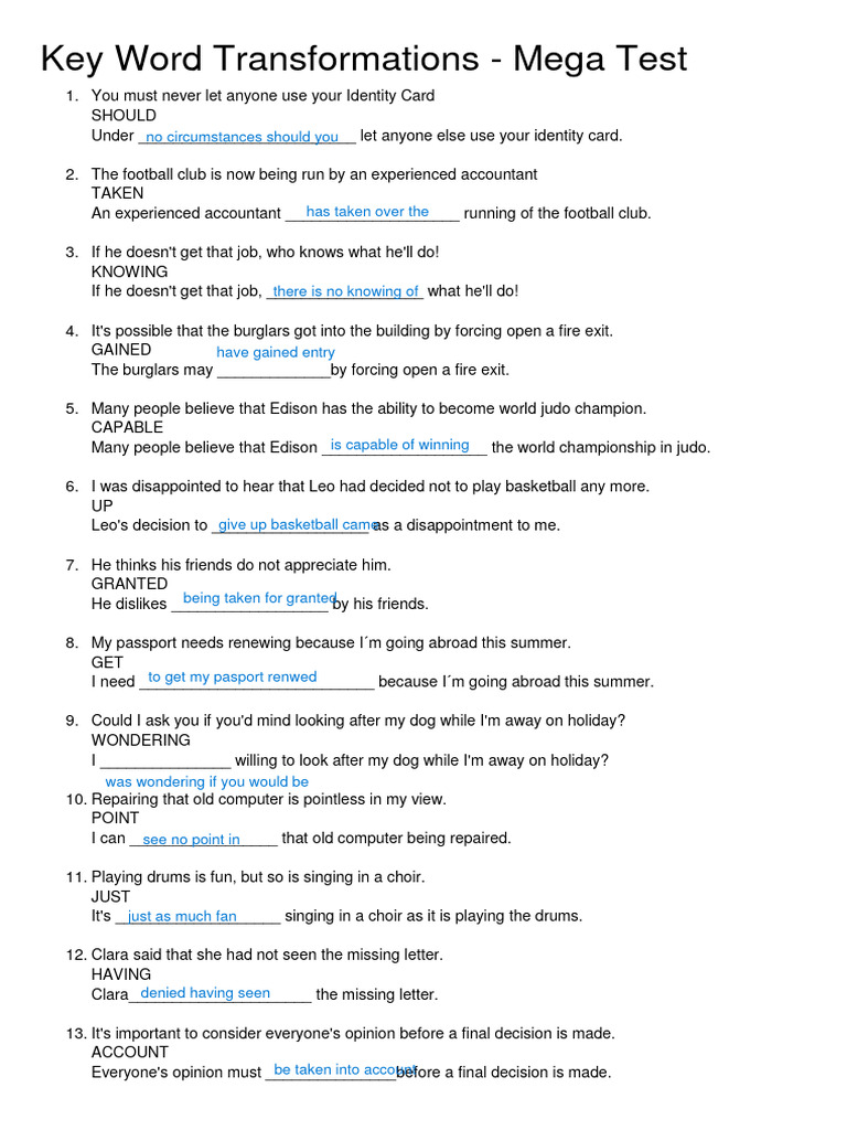 Key Word Transformations Practice Test | PDF
