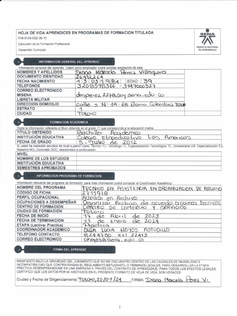 Hoja de Vida Dianna Marcela Perez | PDF