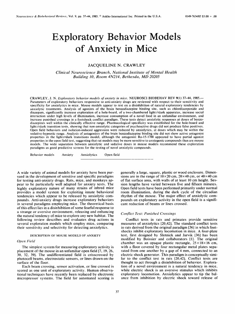 1985 Exploratory Behavior Models of Anxiety in Mice | Download Free PDF ...