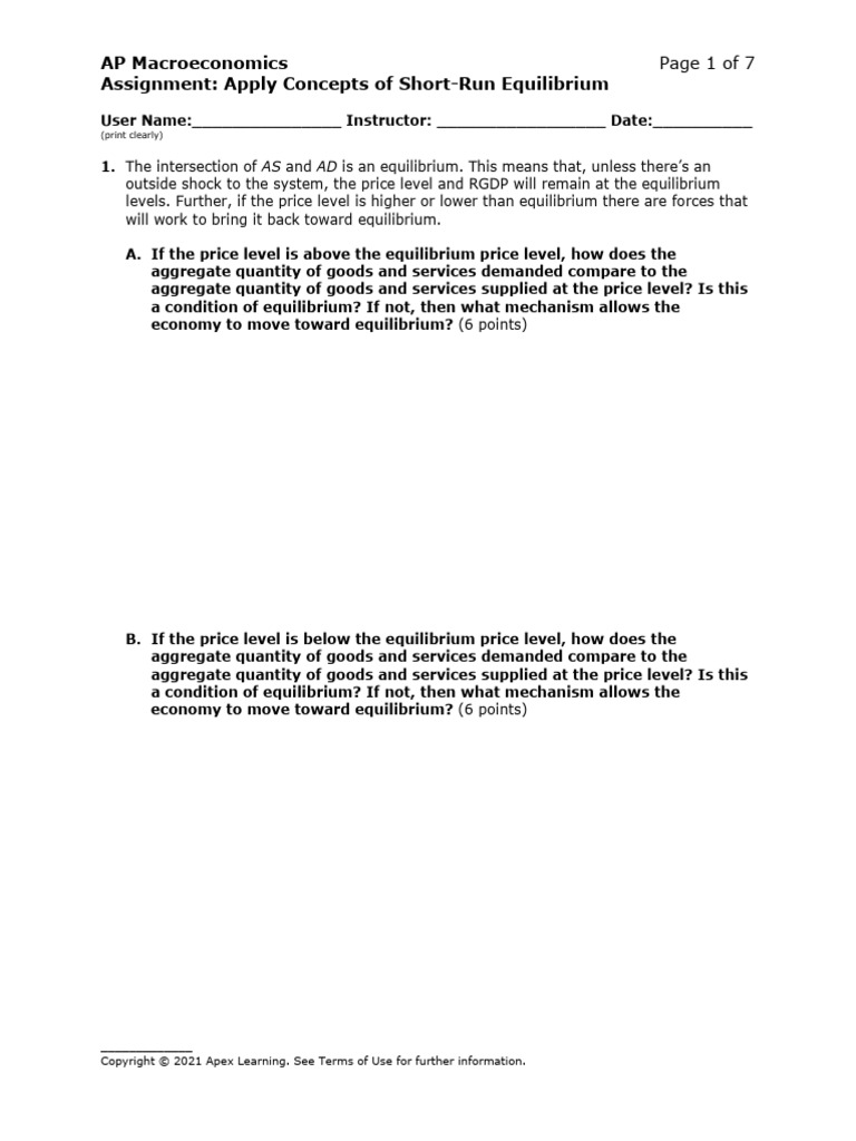 AP Macroeconomics Assignment: Apply Concepts of Short-Run Equilibrium ...