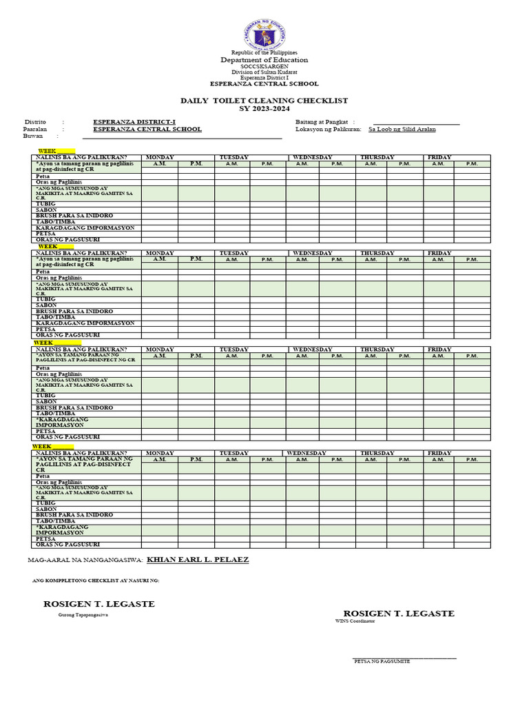 DAILY TOILET CLEANING CHECKLIST.3 Luna 2022 2023 | PDF